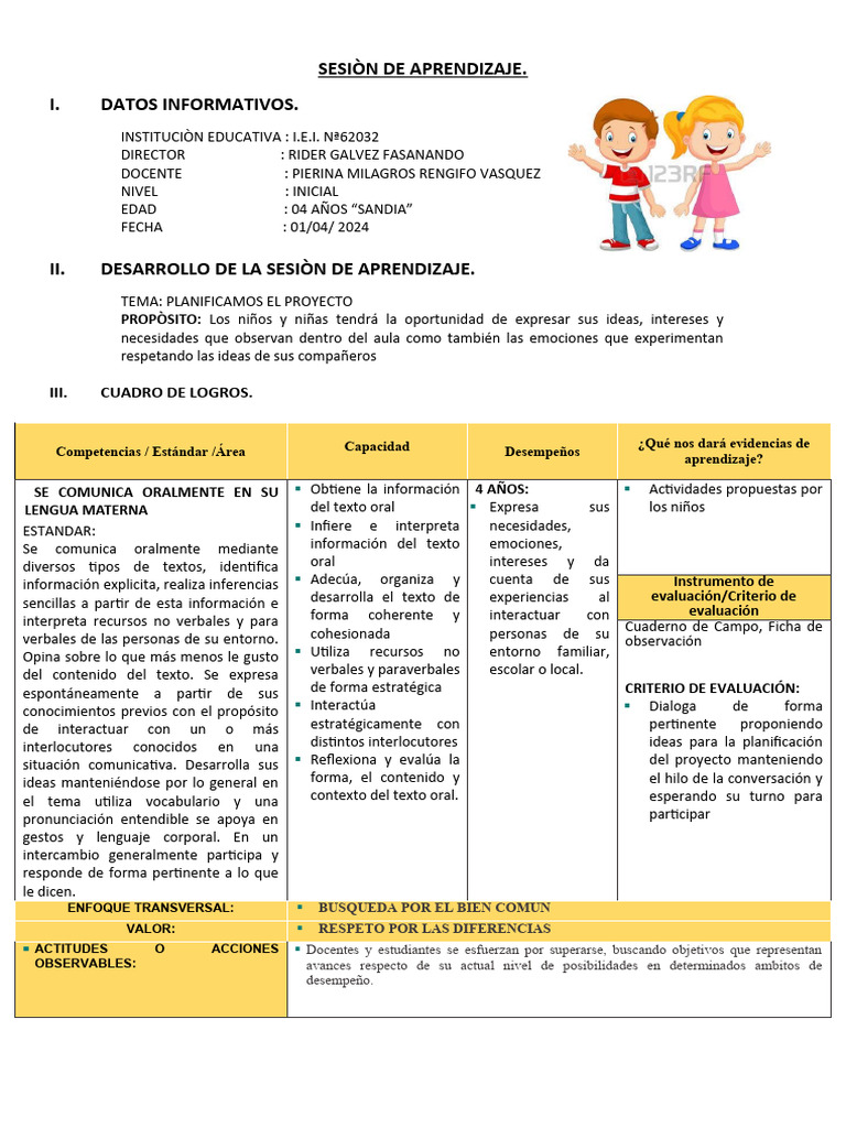 SESIÒN DE APRENDIZAJE 2024 | PDF | Evaluación | Salón de clases