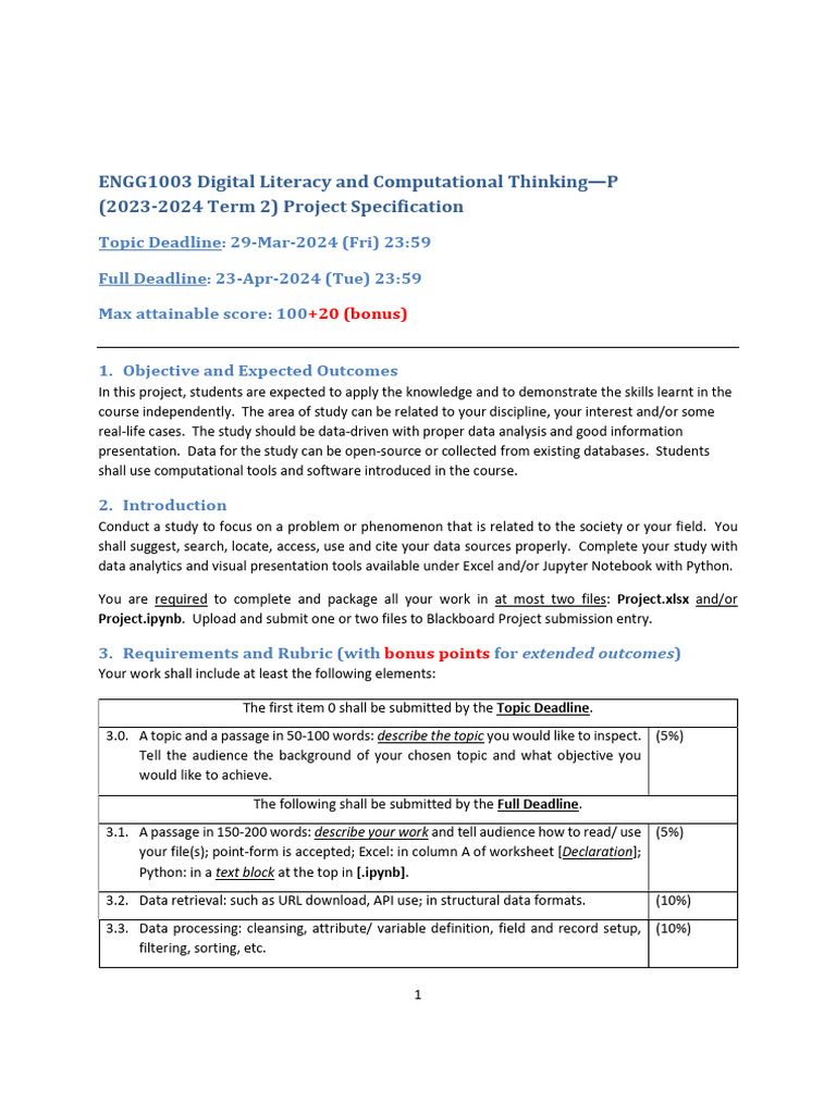 ENGG1003 ProjectSpecification 2023-24term2 | PDF | Microsoft Excel | Data