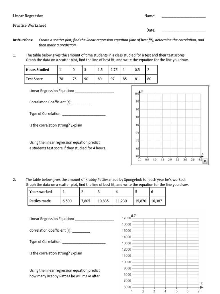 Linear Regression Practice Worksheet | Download Free PDF | Regression ... Linear Regression Practice Worksheet | Download Free PDF | Regression ...