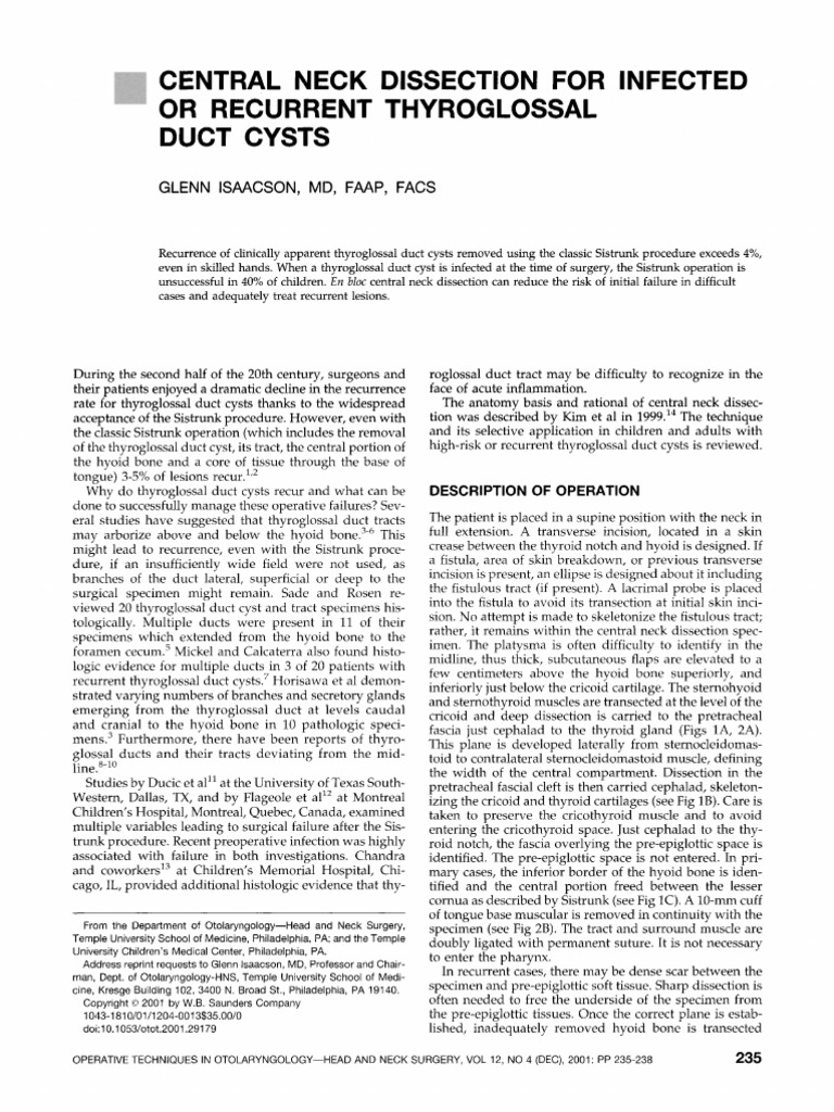 Central Neck Dissection For or Recurrent Thyroglossal Duct Cysts ...