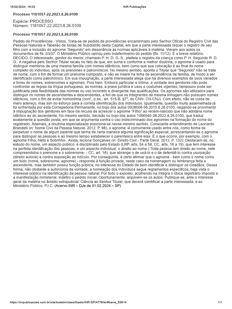 Indeferido Pedido de Agnome "Segundo" | PDF | Família | Parentesco