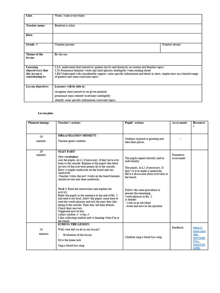 Seaside Lesson Plan for Grade 3 | PDF | Vocabulary | Cognitive Science