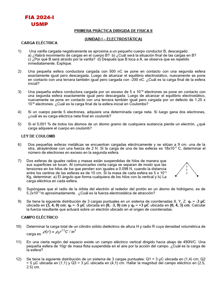 1ra Práctica Dirigida 2024-I | PDF | Electrostática | Campo eléctrico