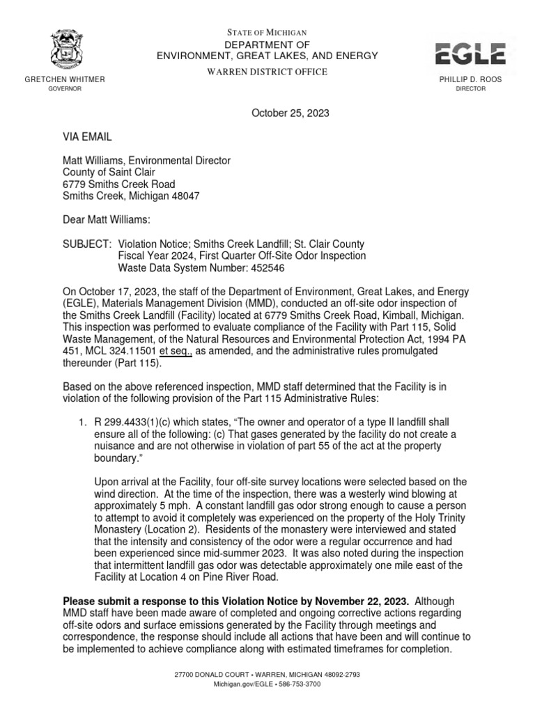 Smiths Creek Landfill Violation Notice | PDF | Waste | Landfill