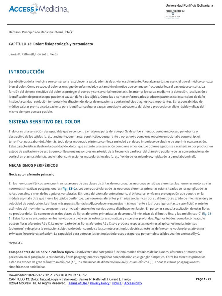 CAPÍTULO 13_ Dolor_ fisiopatología y tratamiento | PDF | Dolor | Médula espinal