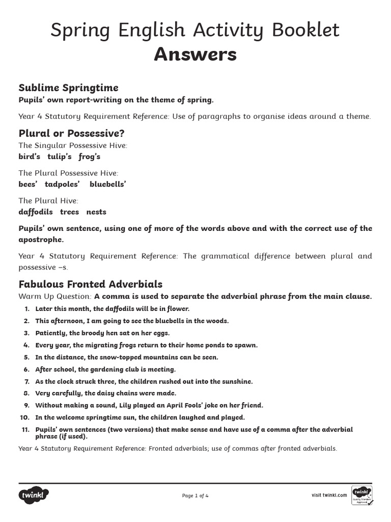 Spring Activity Booklet Answers | PDF | English Language | Noun