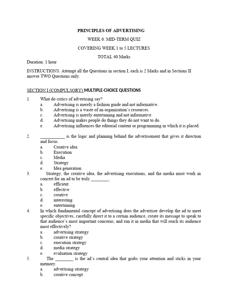 Week 6 Principles of Advertising Mid-Term Quiz | PDF | Marketing Communications | Brand