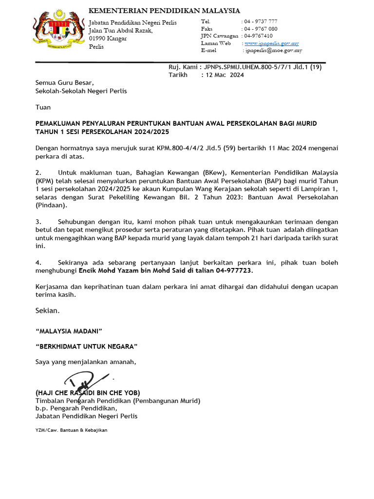 Surat Siaran Penyaluran Peruntukan BAP Tahun 1 2024 | PDF