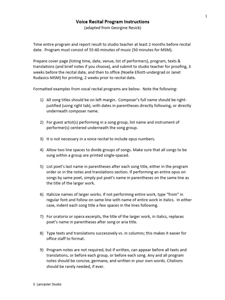 Voice Recital Program Instructions | PDF | Text