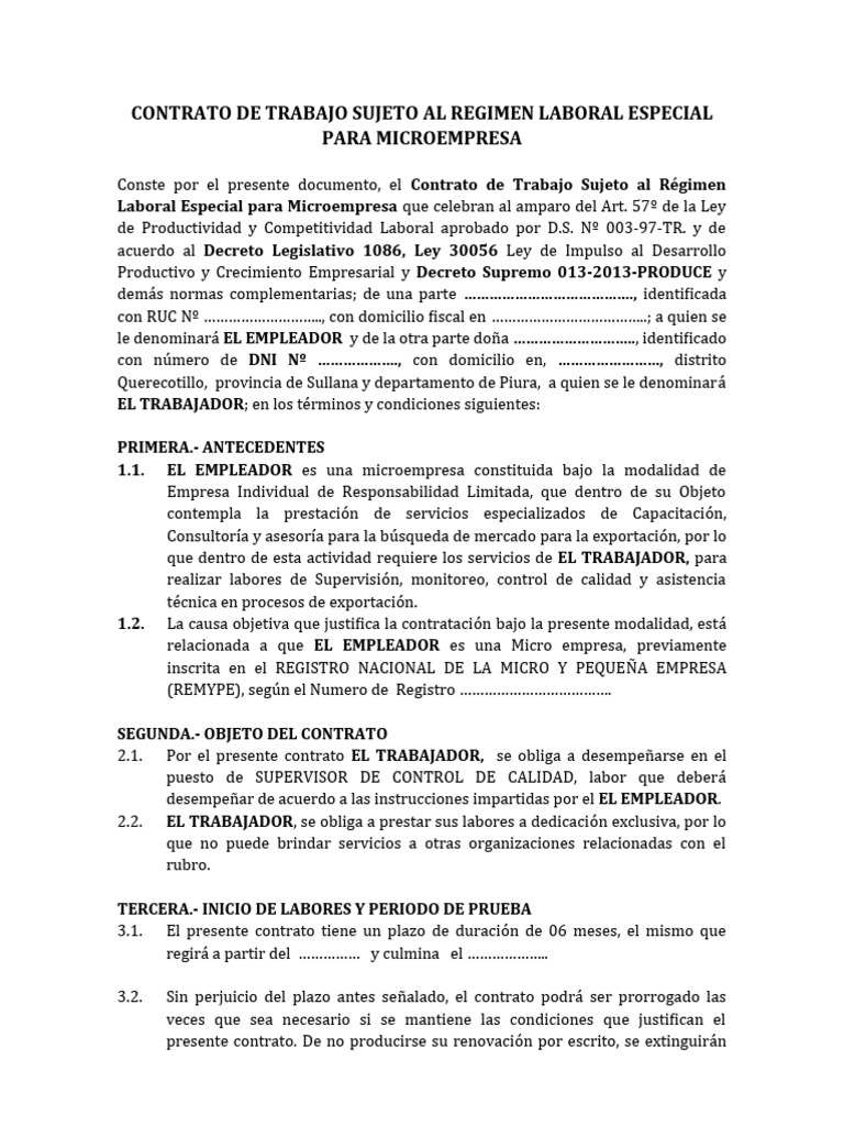 modelo de contrato de trabajo sujeto al regimen de la microempresa | PDF | Derecho laboral ...