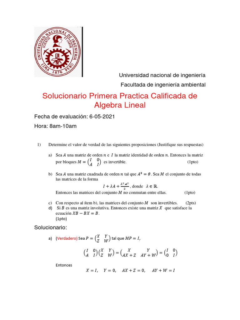 Solucionario de PC1 Algebra Lineal 2021 | PDF | Matriz (Matemáticas) | Álgebra