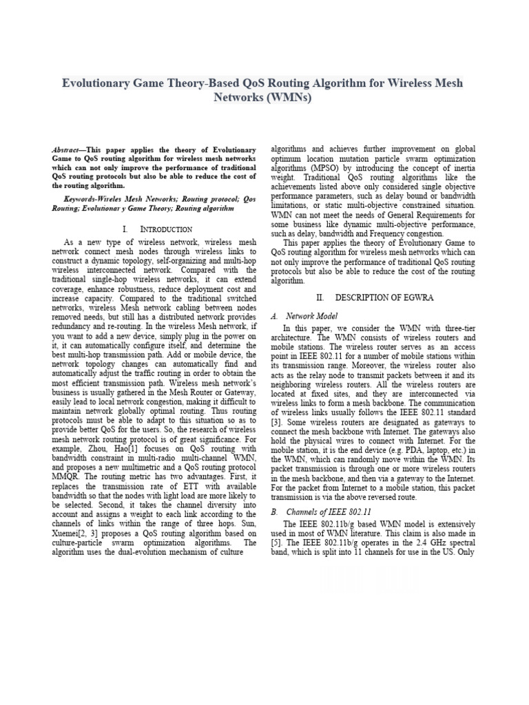 Evolutionary Game Theory-Based QoS Routing Algorithm For Wireless Mesh Networks (WMNS) | PDF ...