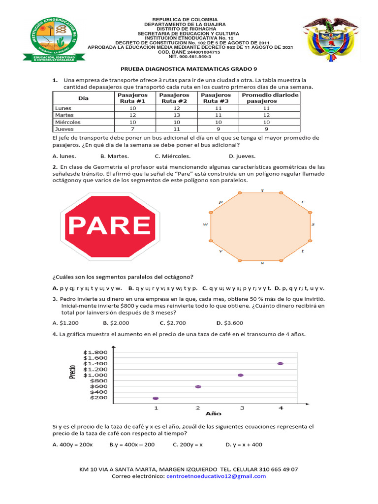 Matematicas 9° Prueba Diagnostica 2024 | PDF