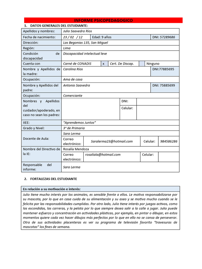 Modelo Del Imforme Psicologico y Poi | PDF | Aprendizaje | Evaluación