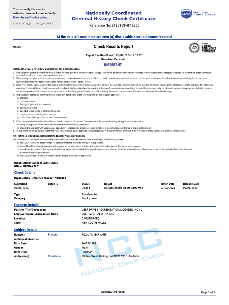 National Criminal History Check Report | PDF | Criminal Record | Common Law