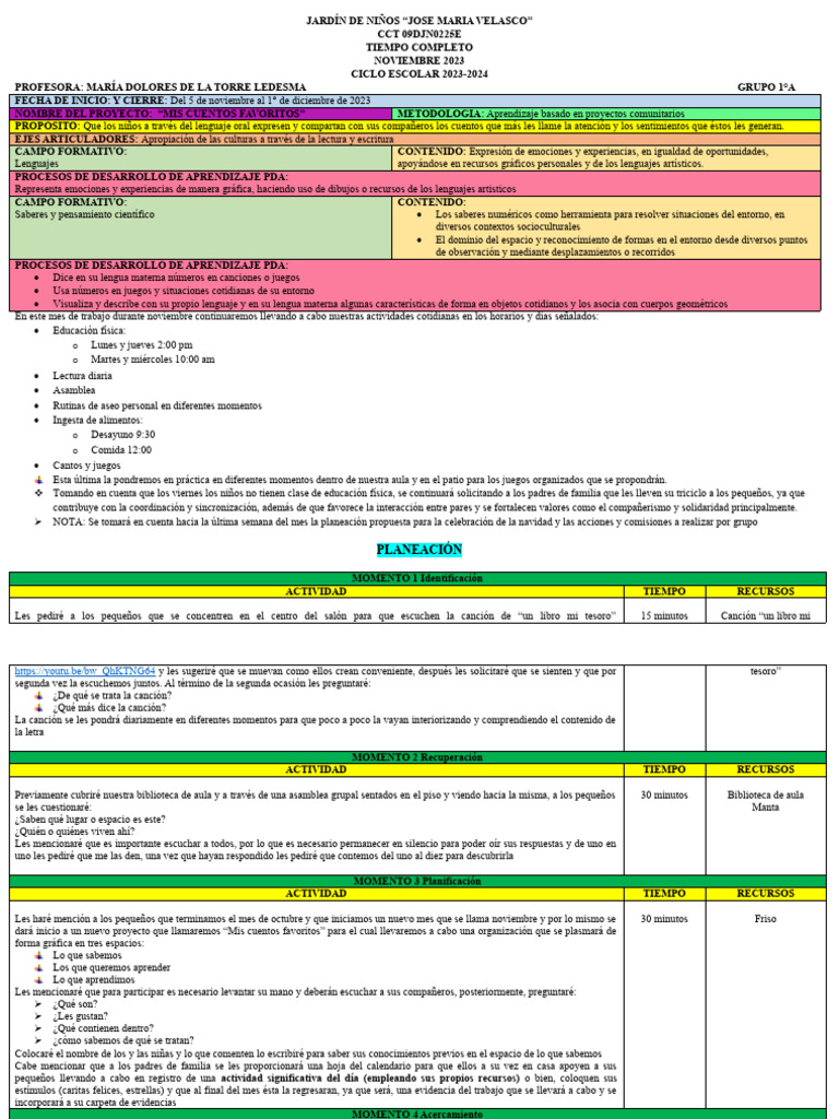 Planeacion Noviembre | PDF | Aprendizaje | Salón de clases