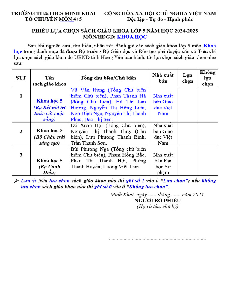 KH (HƯNG) - PHIẾU LỰA CHỌN SGK MÔN KHOA HỌC LỚP 5 NĂM HỌC 24-25 | PDF