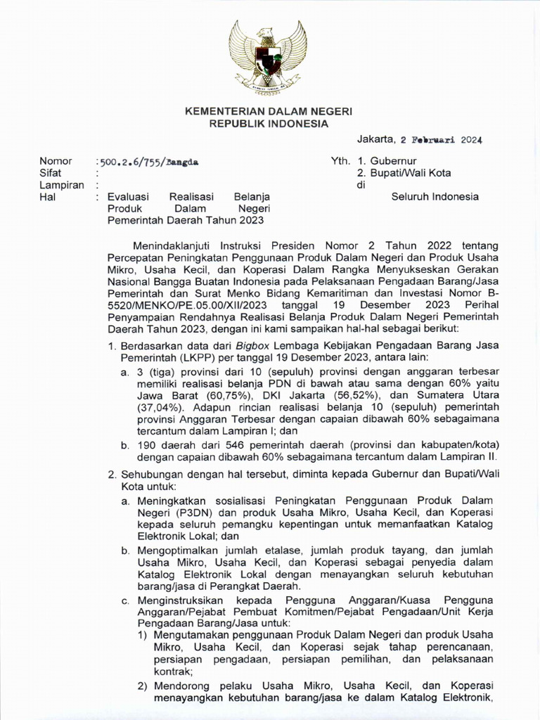 Surat Evaluasi Realisasi Belanja PDN Pemda Tahun 2023 | PDF