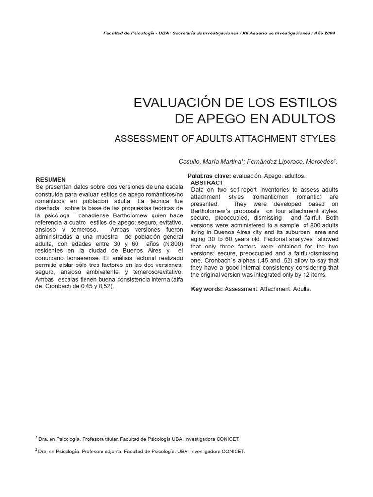 evaluacion de estilos de apego ADULTO | PDF | Teoría de apego | Sicología