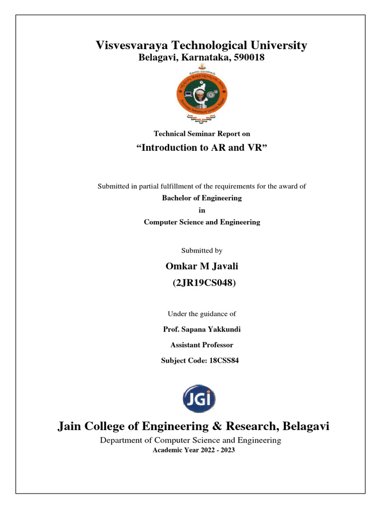 Techical Seminar Vtu Ar VR | PDF | Augmented Reality | Virtual Reality