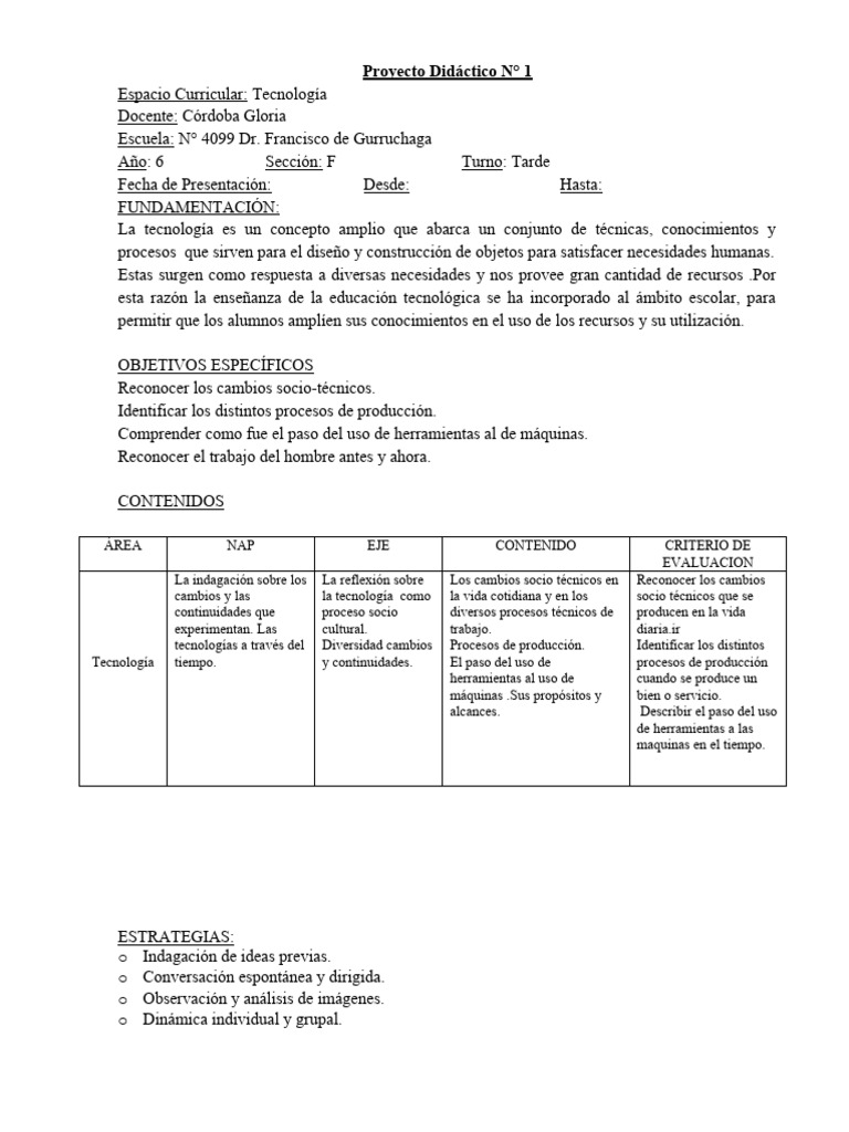 Proyecto 1 de Tecno 6 | PDF | Herramientas | Enseñando