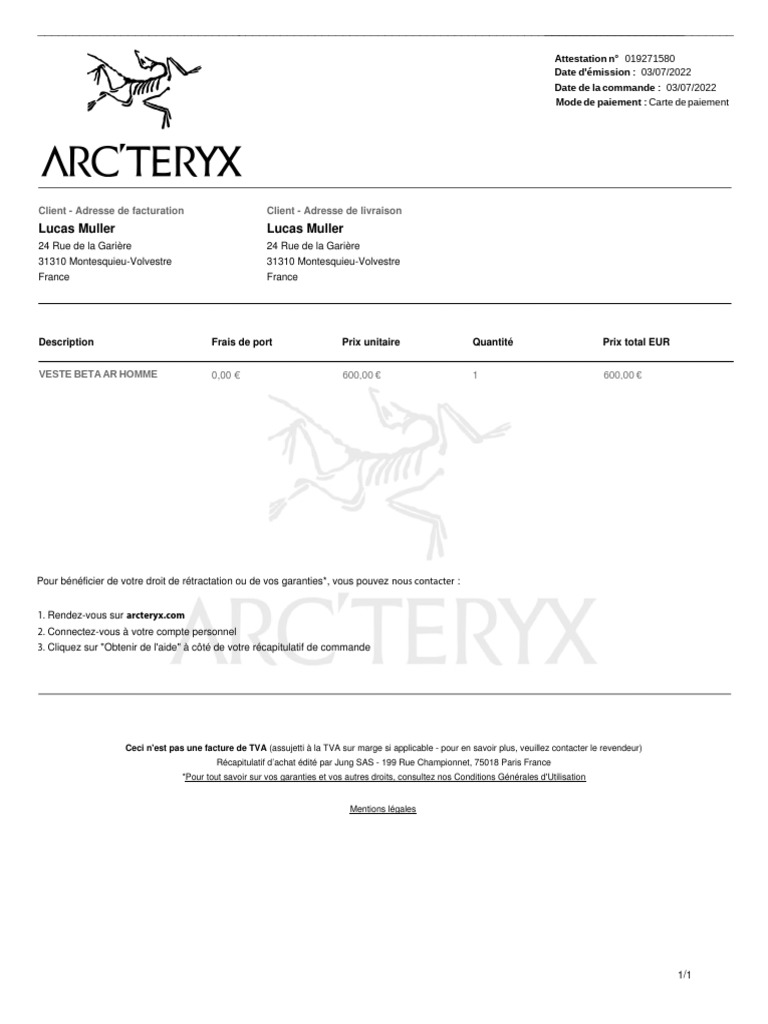 Facture ARC'TERYX BETA | PDF | Facture | Paiements
