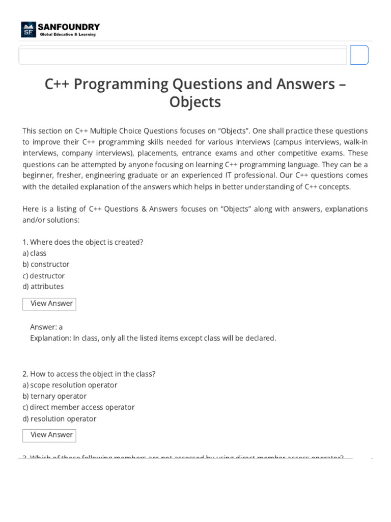 Objects - C++ Questions and Answers - Sanfoundry | PDF | C++ | Software Development