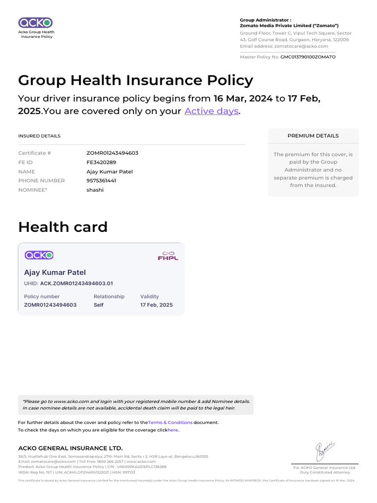 Zomato Delivery Partner Health Insurance | PDF | Insurance | Health Care