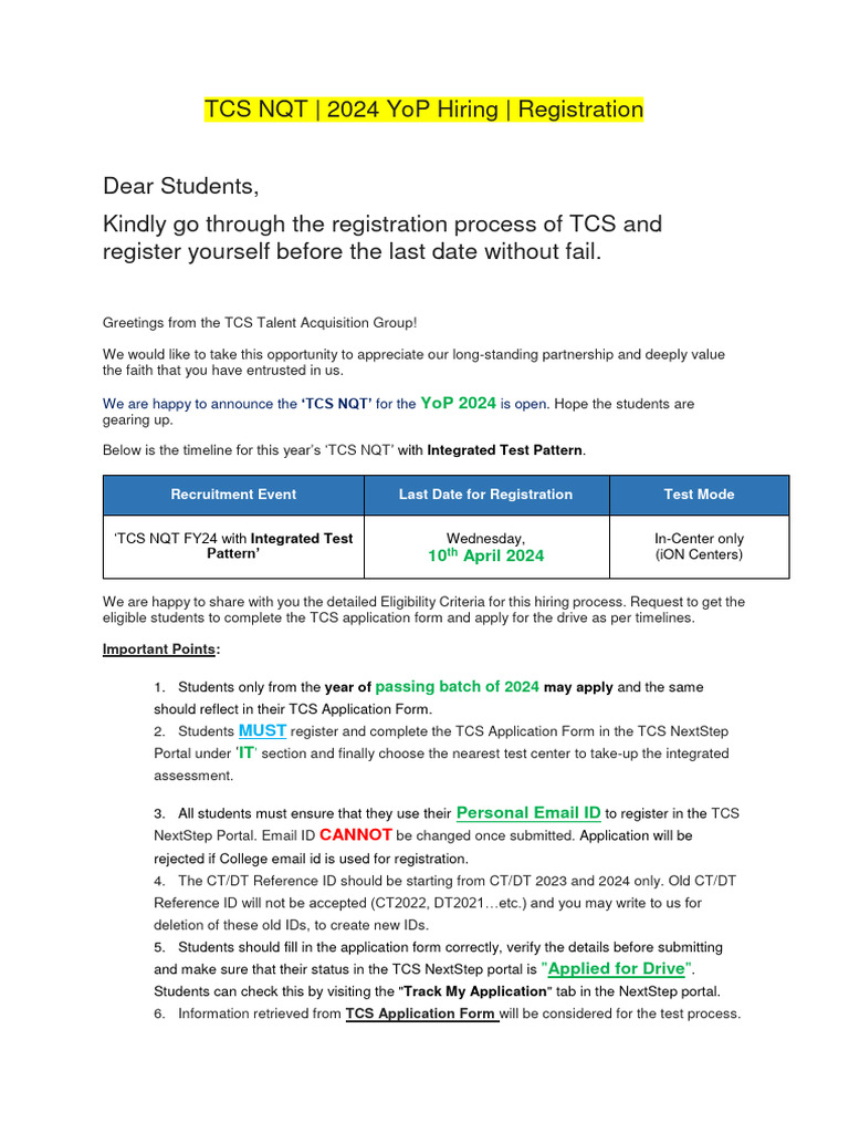 TCS NQT 2024 YoP Hiring Registration Process | PDF | Bachelor's Degree