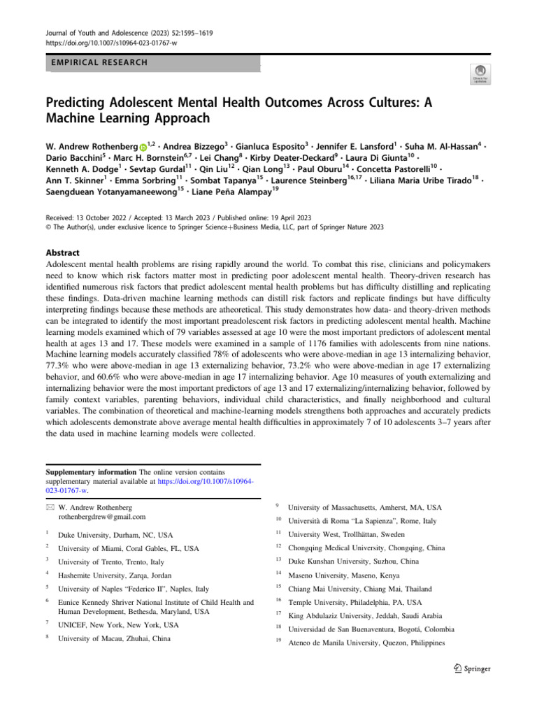 Predicting Adolescent Mental Health Outcomes Across Cultures: A Machine ...