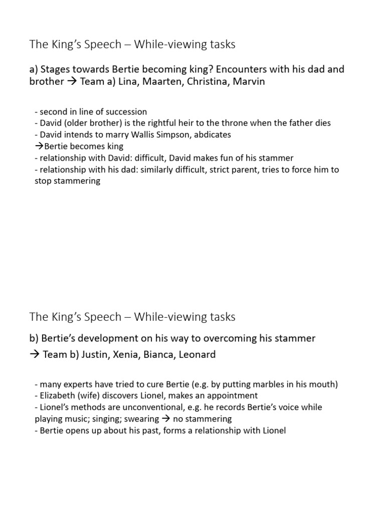 The Kings Speech Viewing Tasks Key | PDF