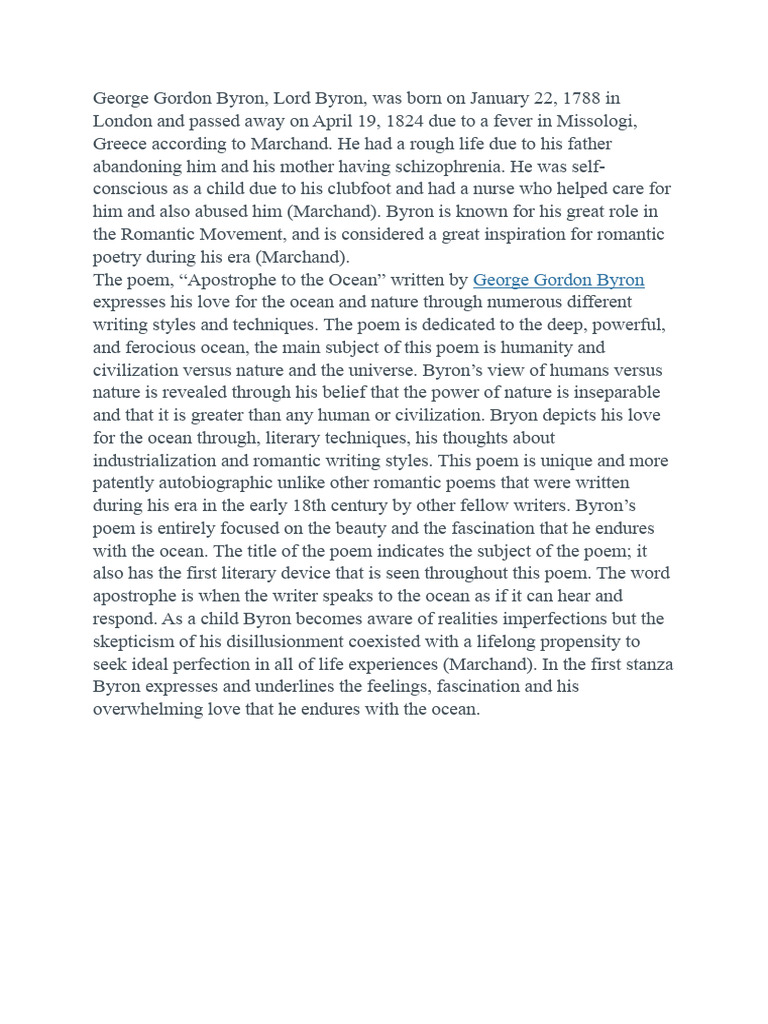 Byron's "Apostrophe to the Ocean" Analysis | PDF