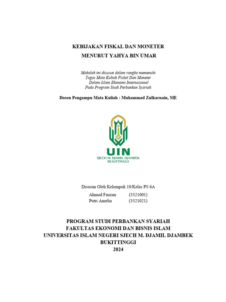 Kelompok 10. Kebijakan Fiskal Dan Moneter Menurut Yahya Bin Umar | PDF