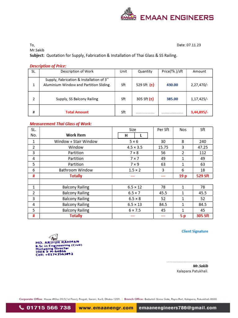 Quotation For Thai Glass & SS Railing | PDF | Building Materials