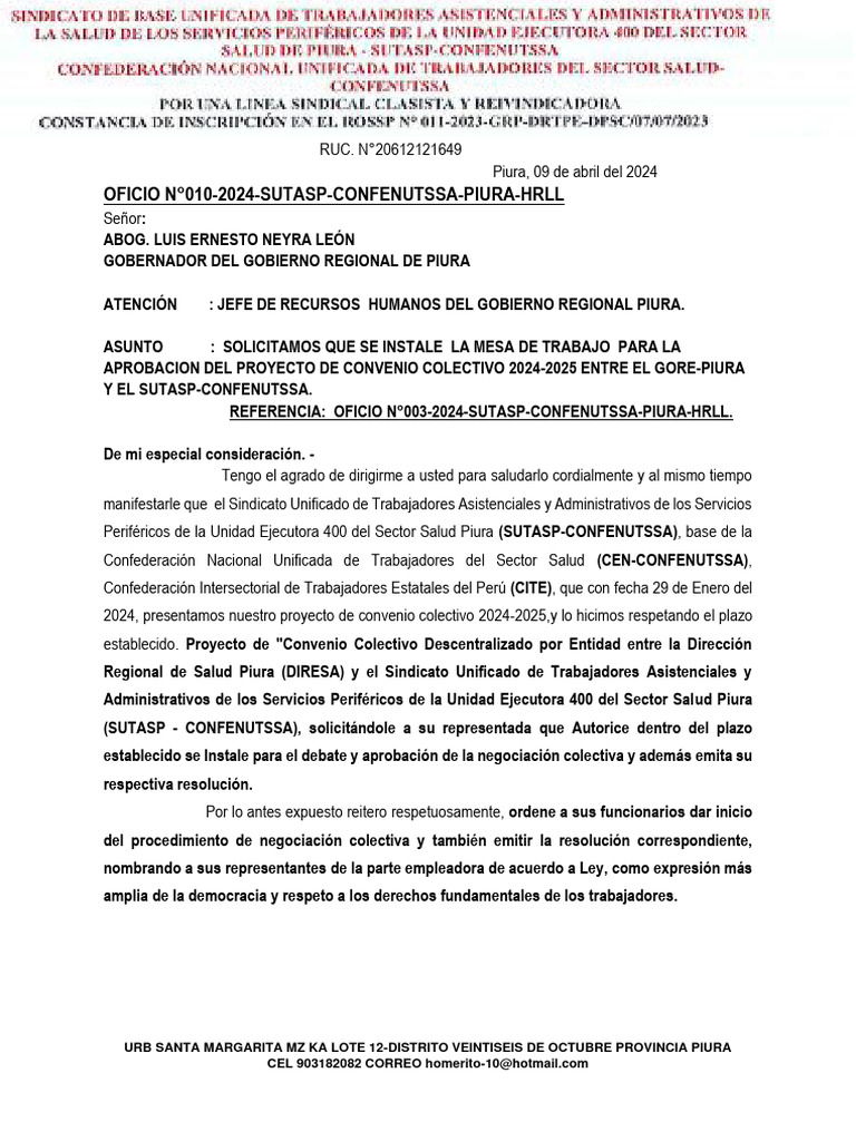 Oficio N°010-2024 Gobierno Regional Piura | PDF | Gobierno