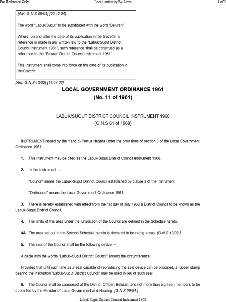 Beluran District Council Instrument 1968 | PDF | Governance | Government