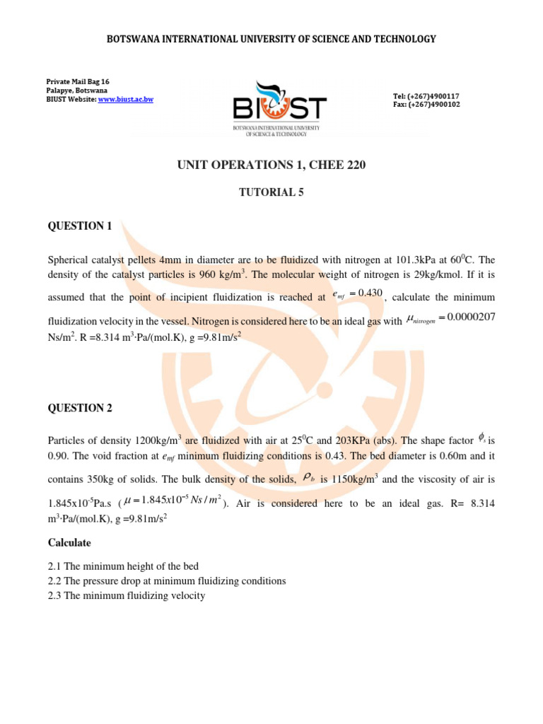 Chee220 Tutorial 5 2024 | PDF | Fluidization | Density