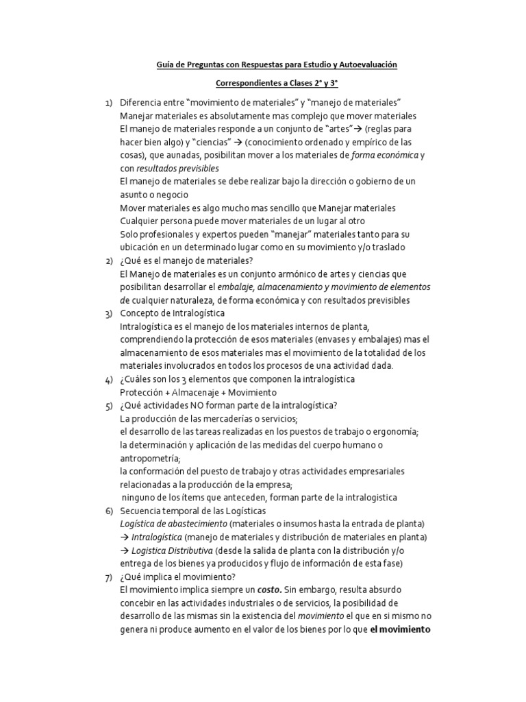 Guia Respuestas A Cuestionario Autoevaluacion Clases 2 y 3 | PDF | Logística