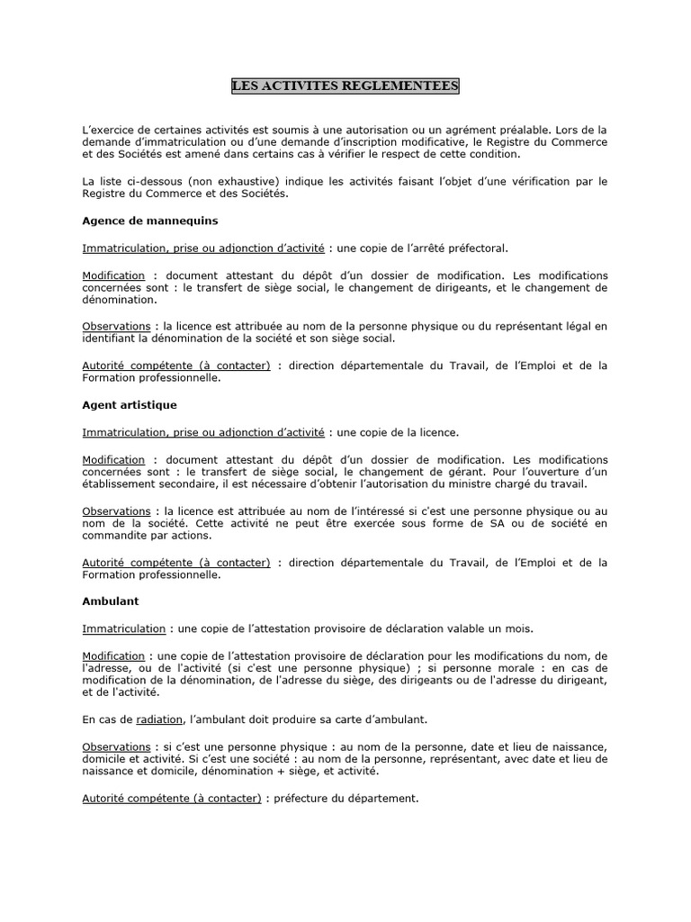 Activités Réglementées : Immatriculation et Agréments | PDF | Sociétés ...