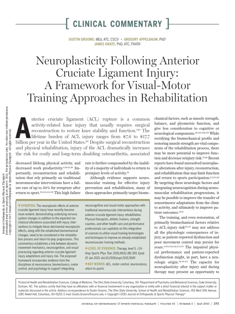 Grooms Et Al 2015 Neuroplasticity Following Anterior Cruciate Ligament ... Grooms Et Al 2015 Neuroplasticity Following Anterior Cruciate Ligament ...