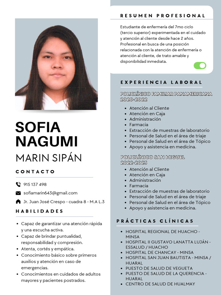 SOFIA MARIN SIPAN - Curriculum Vitae CV Profesional | PDF | Hospital | Servicios públicos