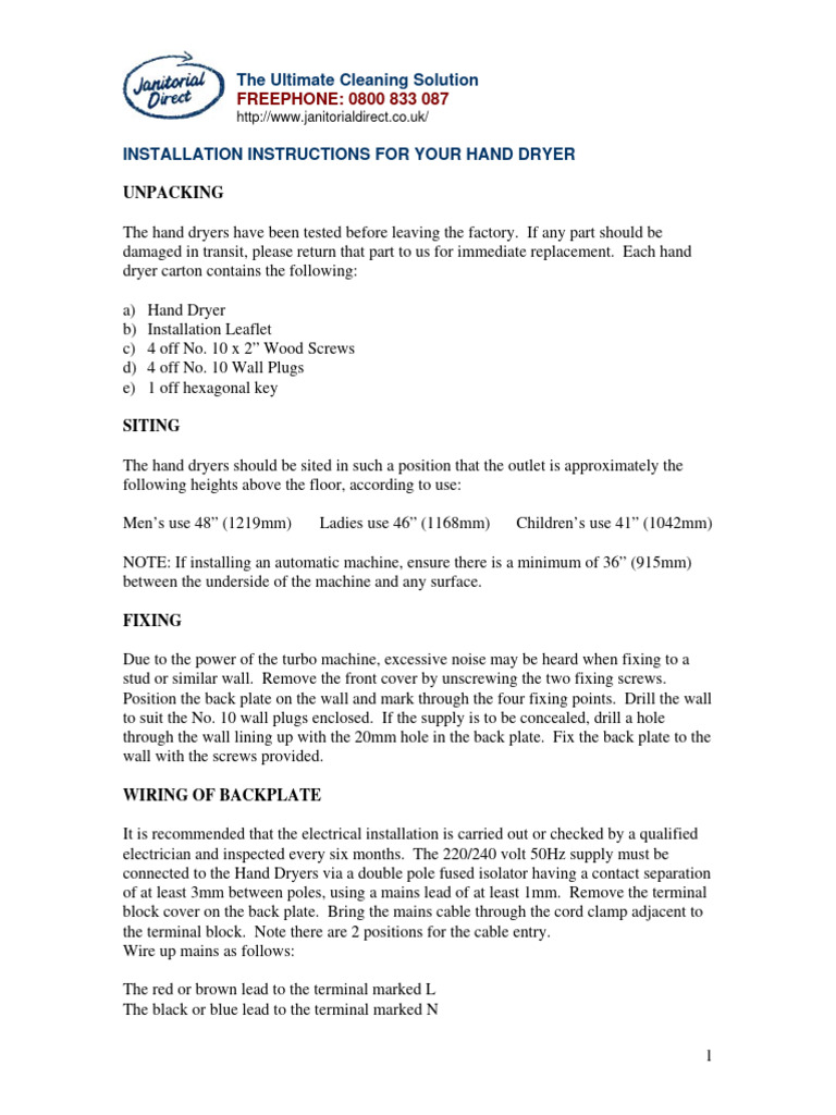 Hand Dryer Installation Instructions | PDF | Fuse (Electrical ...