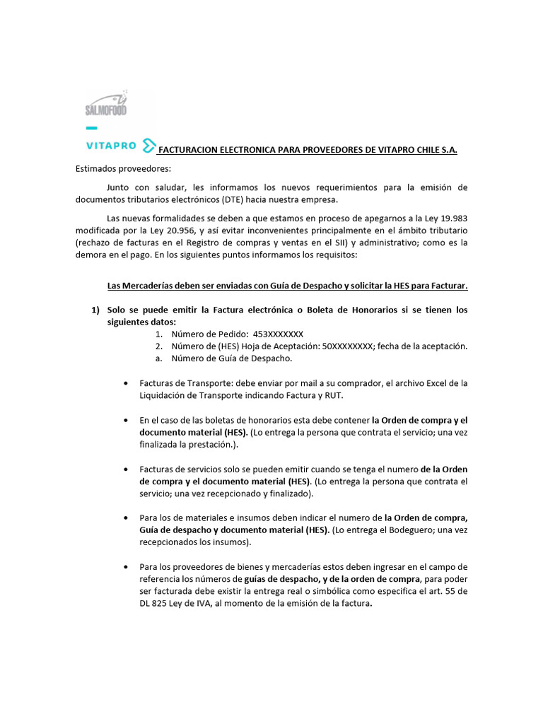 2205 - Requisitos de Facturacion Hacia Vitapro Chile S.A. | PDF | Factura