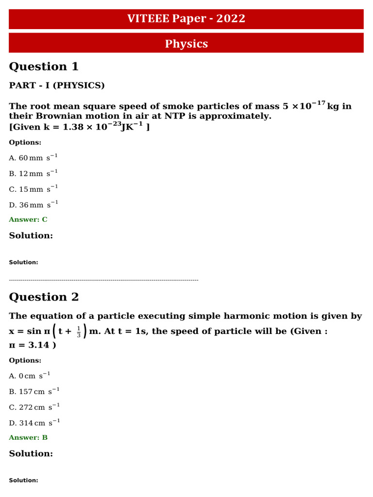 VITEEE 2022 Paper | PDF | Torque | Force