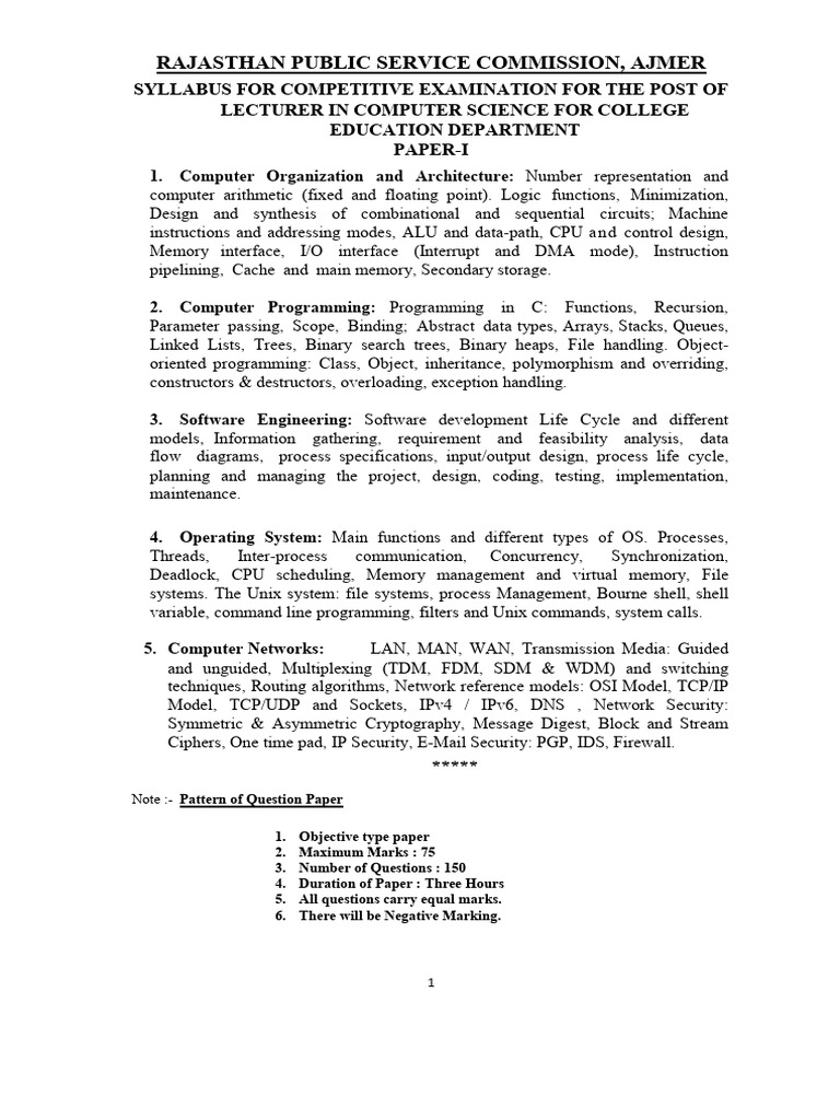 RPSC Computer Science Syllabus Paper 1 | PDF | Internet Protocol Suite | Computer Network