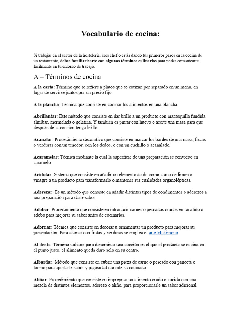 Vocabulario De Cocina Descargar Gratis Pdf Cocinando Caldo
