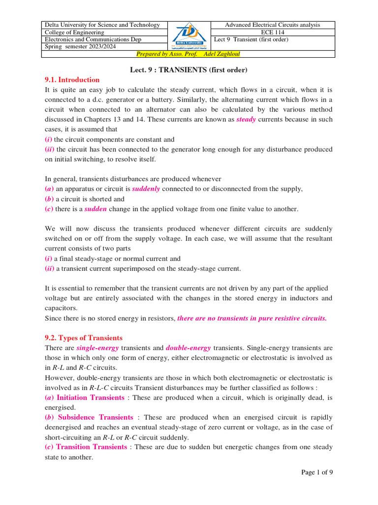 Lect 9 Transient First Order PDF | PDF | Electrical Network ...