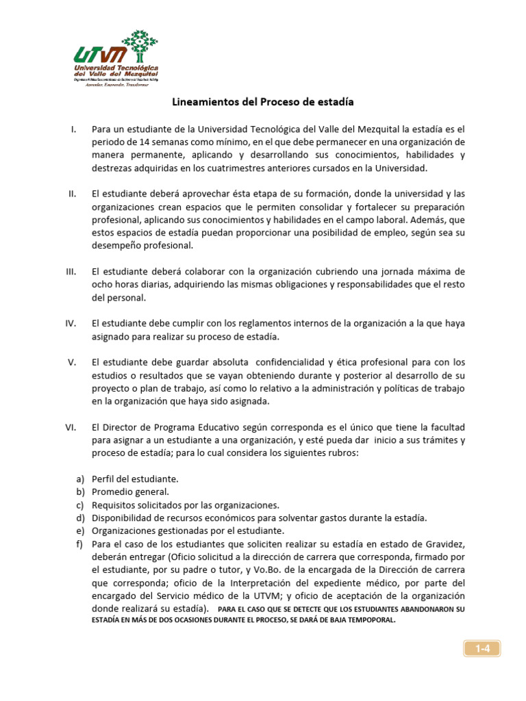 Lineamientos para la Estadía UTVM | PDF