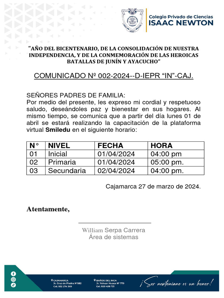 Comunicado #002 - Capacitacion Plataforma Virtual 2024 | PDF