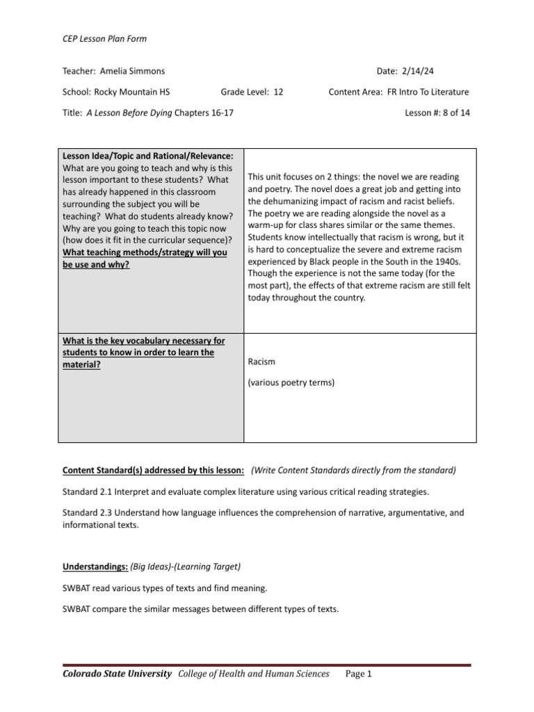 CEP Lesson Plan Form: Colorado State University College of Health and ...